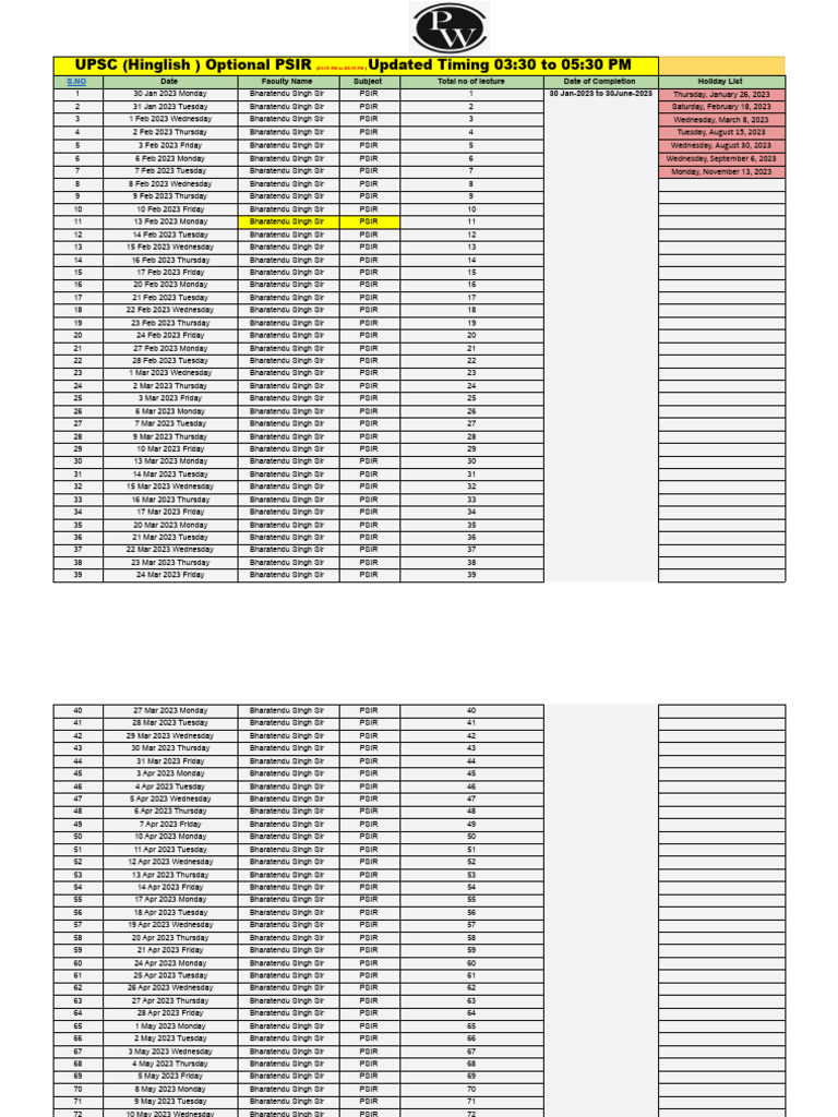 Lecture Planner LL UPSC Optional PSIR (HINGLISH) Note | PDF