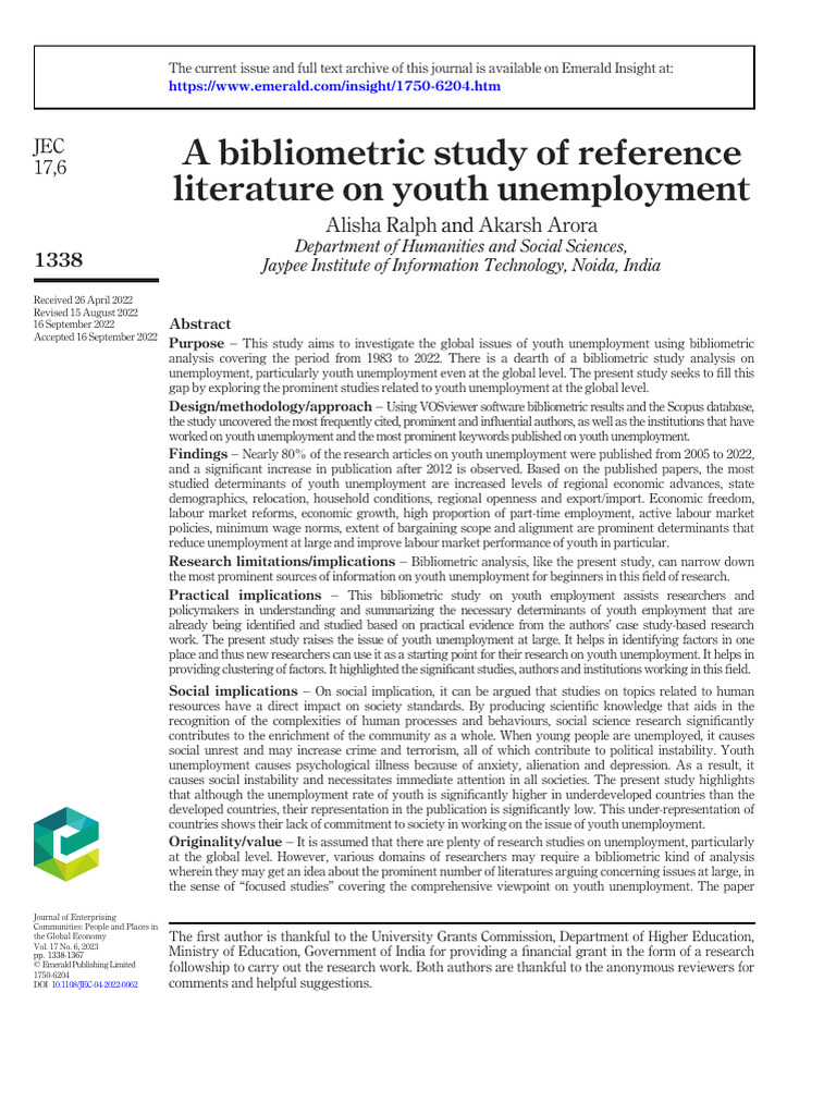 A Bibliometric Study of Reference Literature On Youth Unemployment - 10-1108 - Jec-04-2022-0062 ...