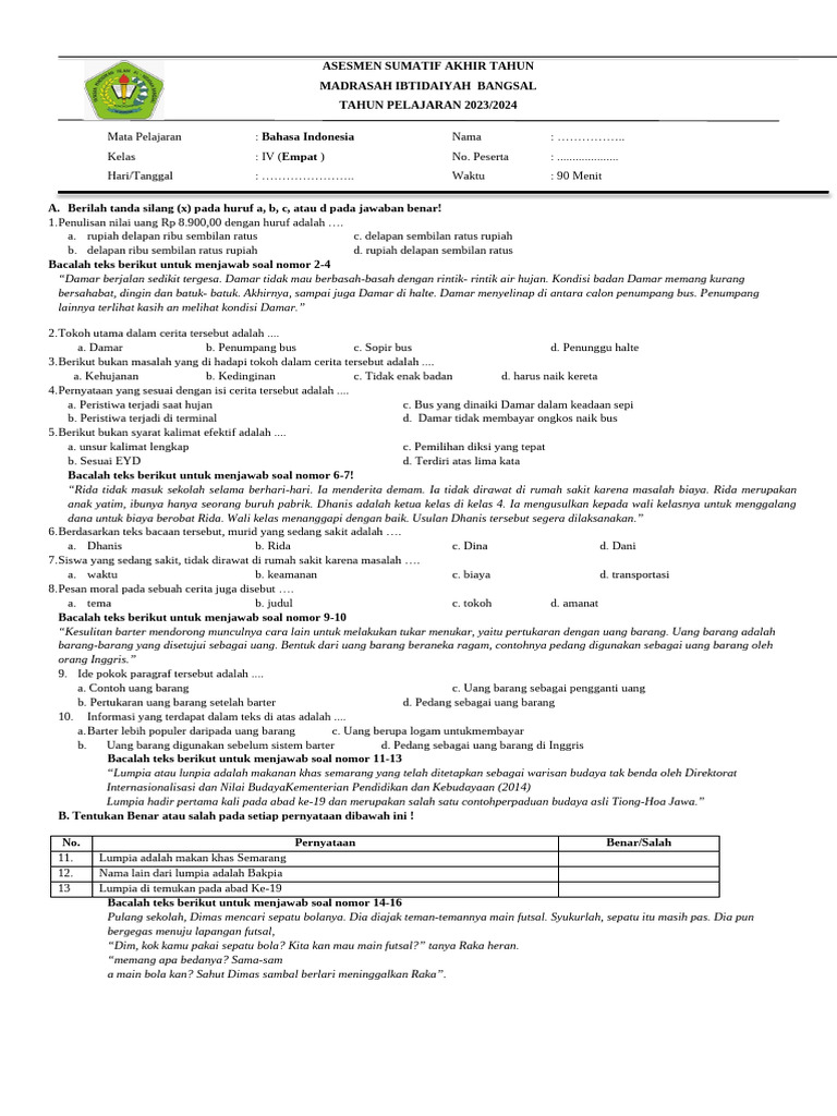Soal Asat Bahasa Indonesia Kelas IV | PDF