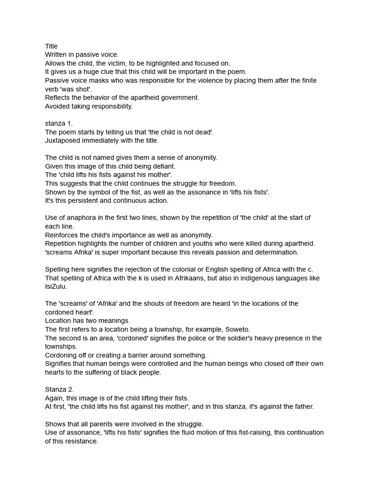 The Child Who Was Shot Dead by Soldiers at Nyanga by Ingrid Jonker | PDF