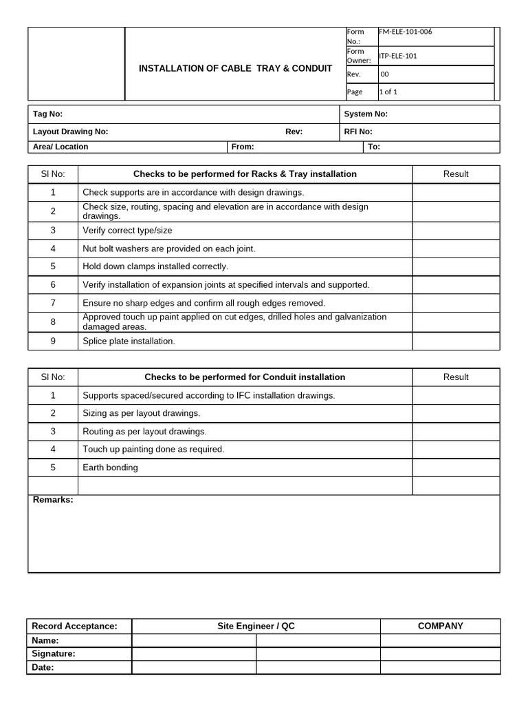 Cable Tray & Conduit Installation Checklist | PDF