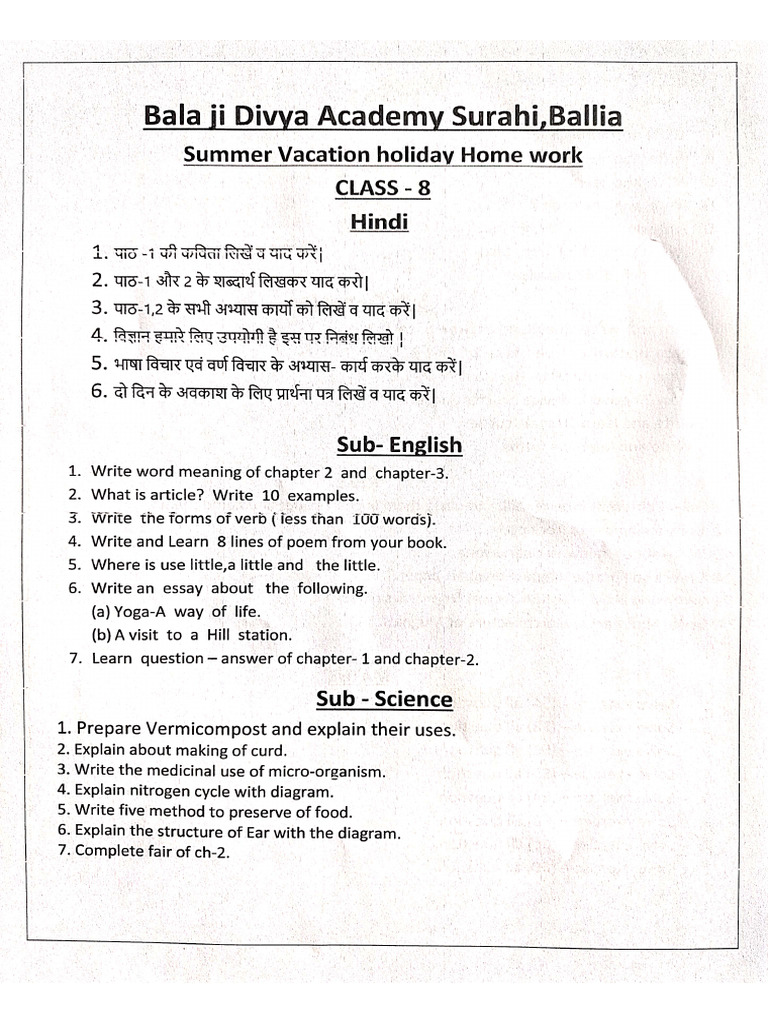 Summer Vacation Holiday Homework 2025 | PDF