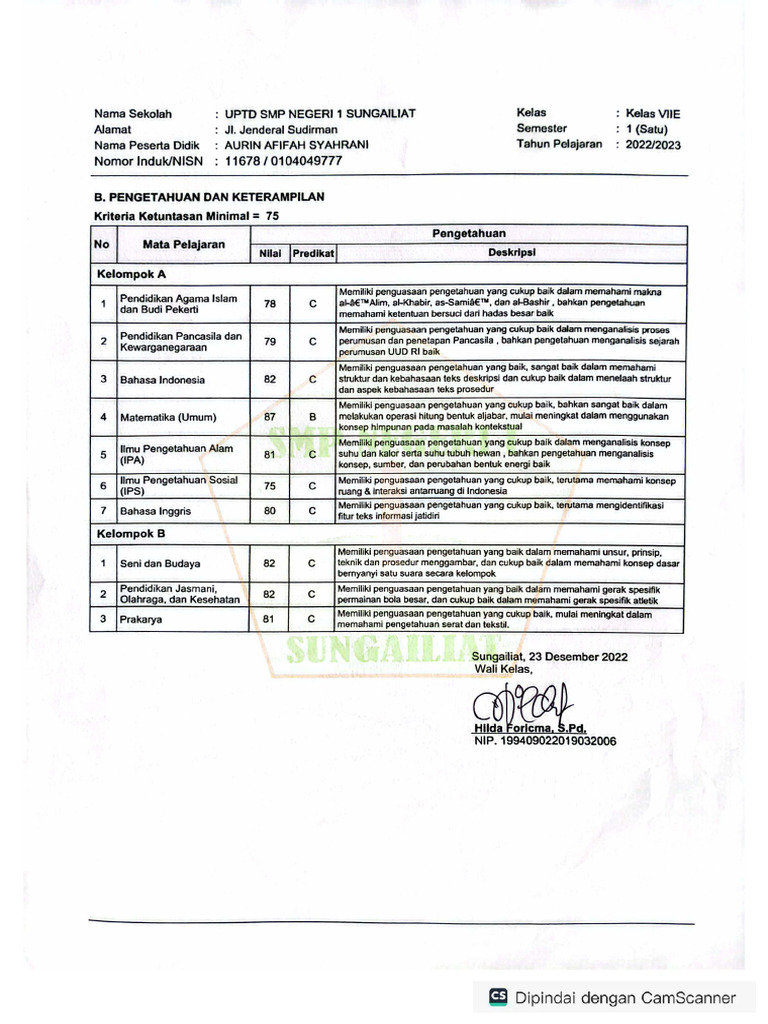Rapot Aurin Semester 1 | PDF
