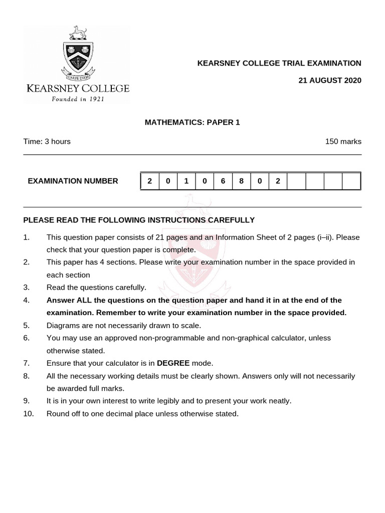 Grade 12 Trials Paper 1 2020 Final | PDF | Area | Tangent