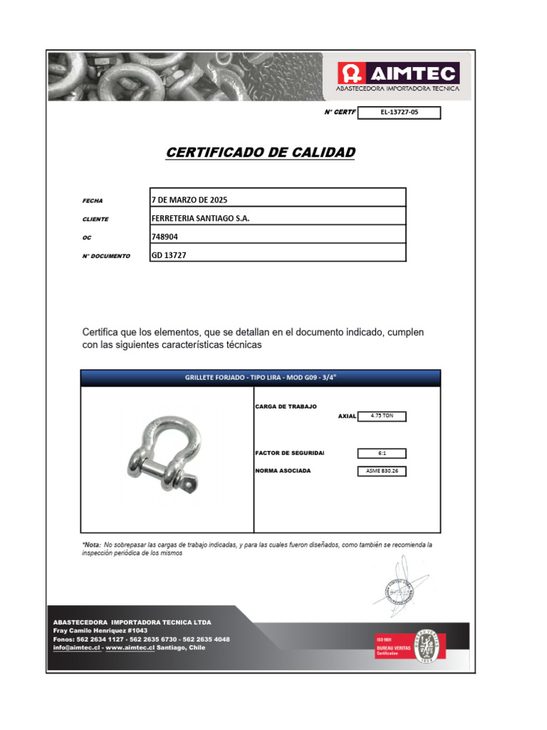 Certf Grillete Forjado-Tipo Lira-Mod G09 - El13727-05 | PDF