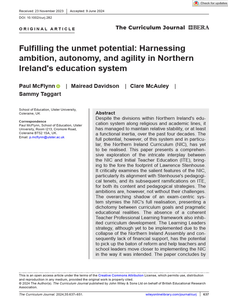 The Curriculum Journal - 2024 - McFlynn - Fulfilling The Unmet Potential Harnessing Ambition ...