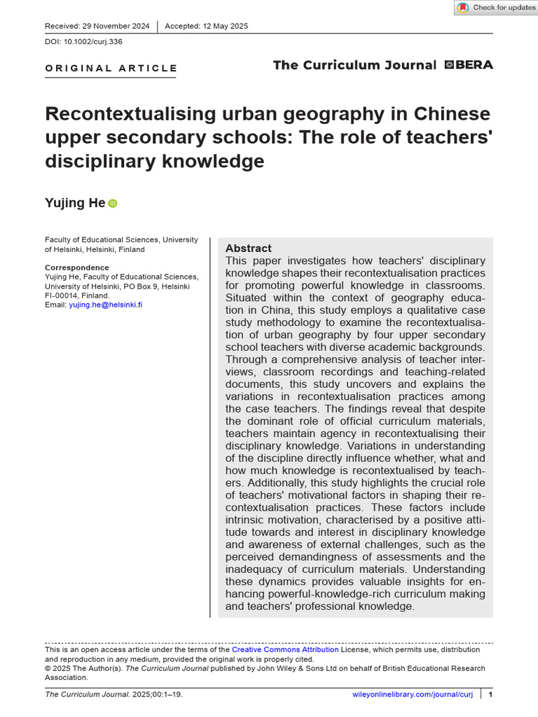 The Curriculum Journal - 2025 - He - Recontextualising Urban Geography ...