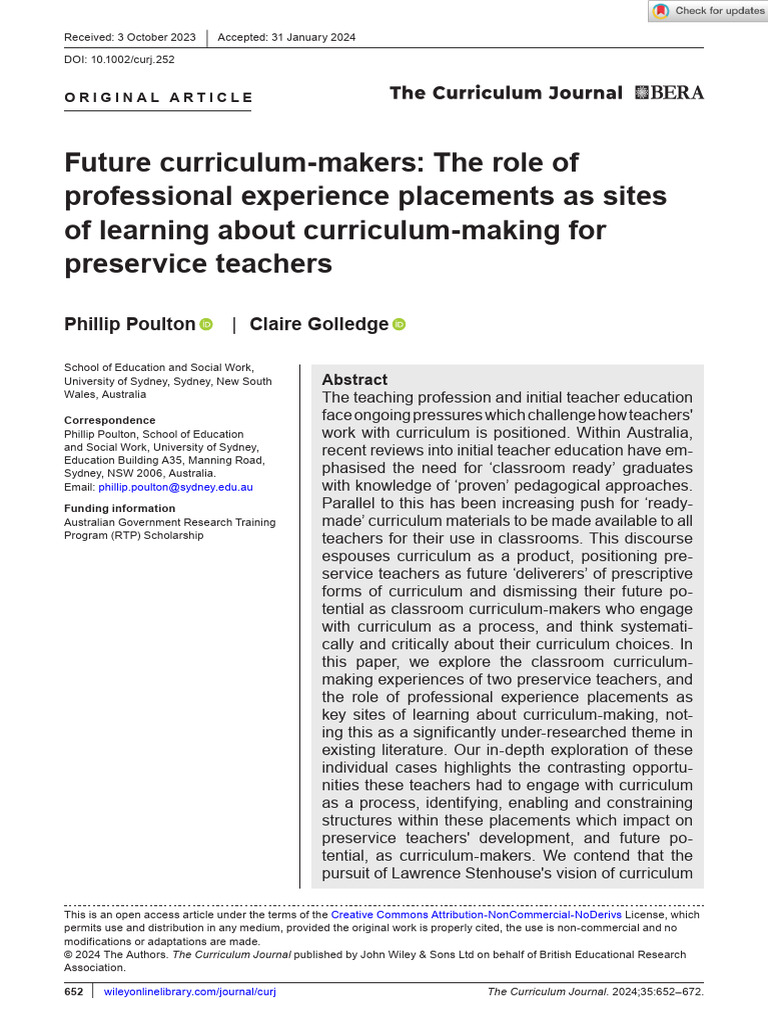 The Curriculum Journal - 2024 - Poulton - Future Curriculum Makers The Role of Professional ...