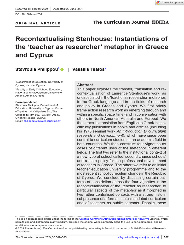 The Curriculum Journal - 2024 - Philippou - Recontextualising Stenhouse ...
