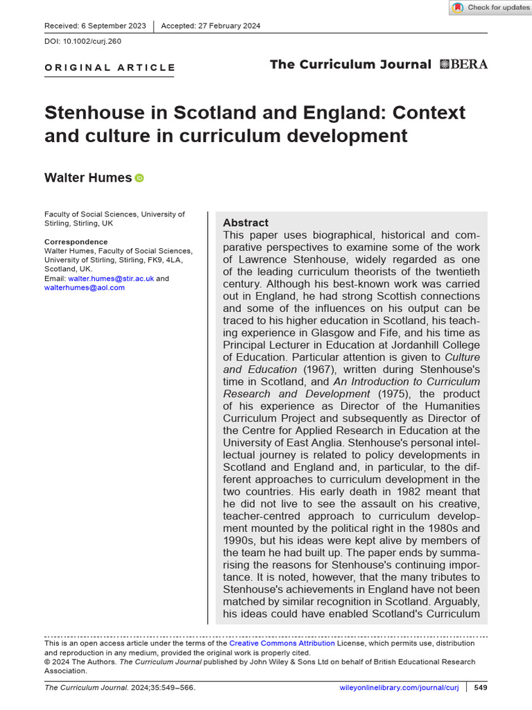 The Curriculum Journal - 2024 - Humes - Stenhouse in Scotland and ...