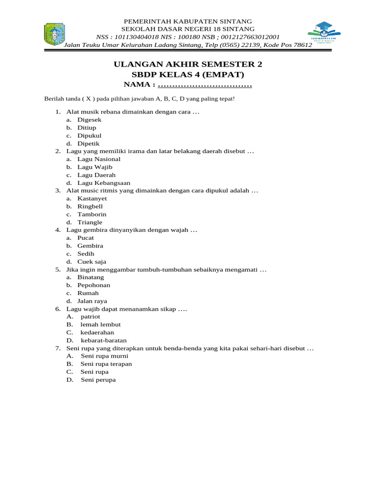 Soal Ulangan SBDP Kelas 4 | PDF