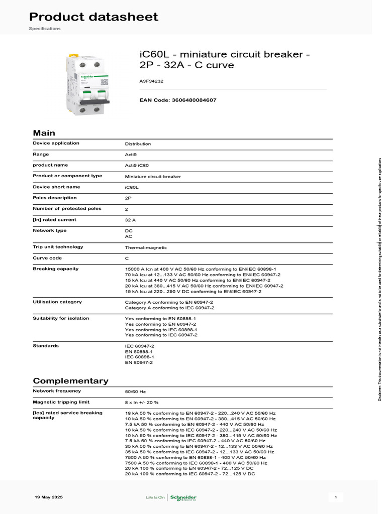 Schneider Electric Miniature Circuit Breaker Acti9 IC60 A9F94232 | PDF | Alternating Current ...