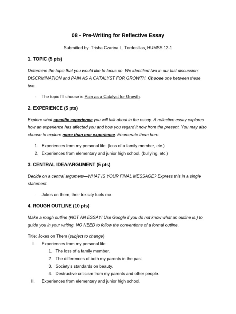 08 - Pre-Writing For Reflective Essay | PDF