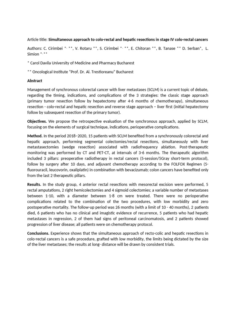ORIGINAL - Simultaneous Approach in Stage IV Colo-Rectal Cancers | PDF ...