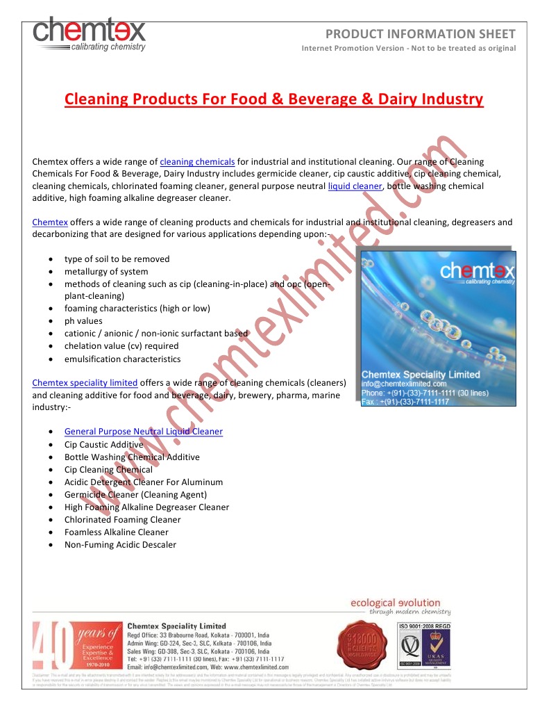 Cleaning Chemicals for Food & Beverage Industry | PDF