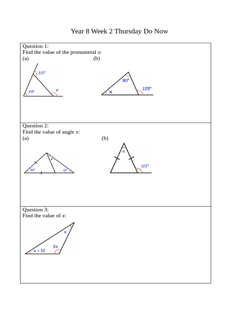 Year 8 Math Do Now: Angle & Value Problems | PDF