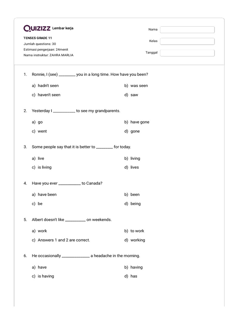 Tenses Worksheet for Grade 11 Students | PDF | Grammatical Tense | Verb