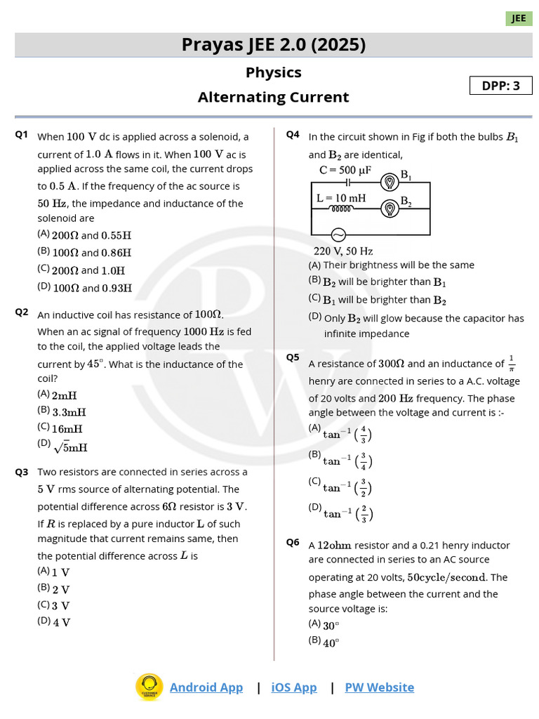 Alternating Current DPP 03 (Extra DPP) Prayas JEE 2.0 2025 | PDF | Series And Parallel Circuits ...