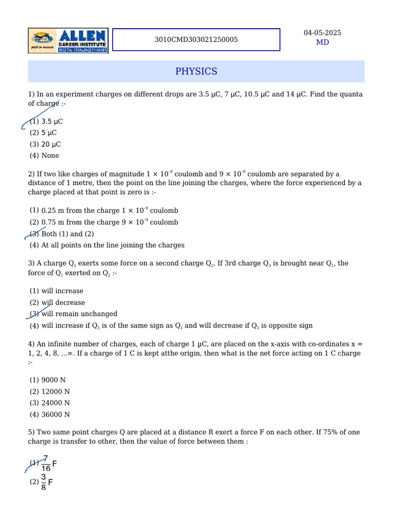 Physics Charge and Force Problems | PDF | Electric Charge | Physical ...