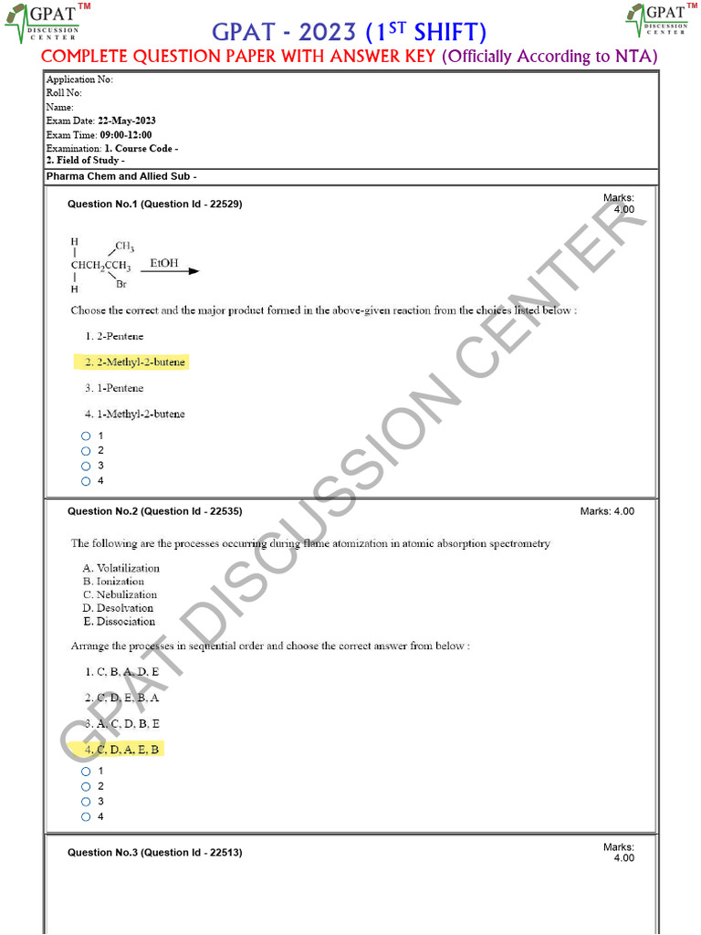 Gpat 2023 1st Shift Question Paper With Answer Key | PDF | Qualifications