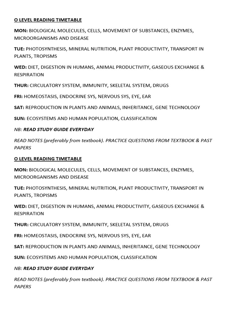 O Level Reading Timetable | PDF