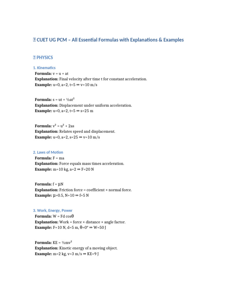 CUET UG PCM All Essential Formulas | PDF | Mole (Unit) | Force