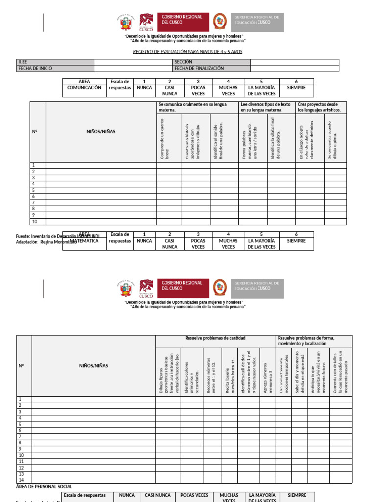 REGISTRO DE EVALUACIÓN PARA NIÑOS DE 4 y 5 AÑOS | PDF | Perú