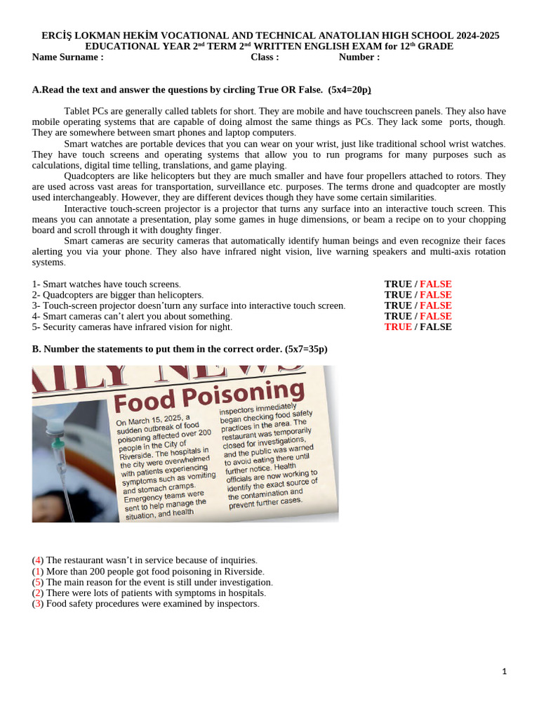12th Grade 2nd Reading Writing Exam | PDF | Touchscreen | Quadcopter