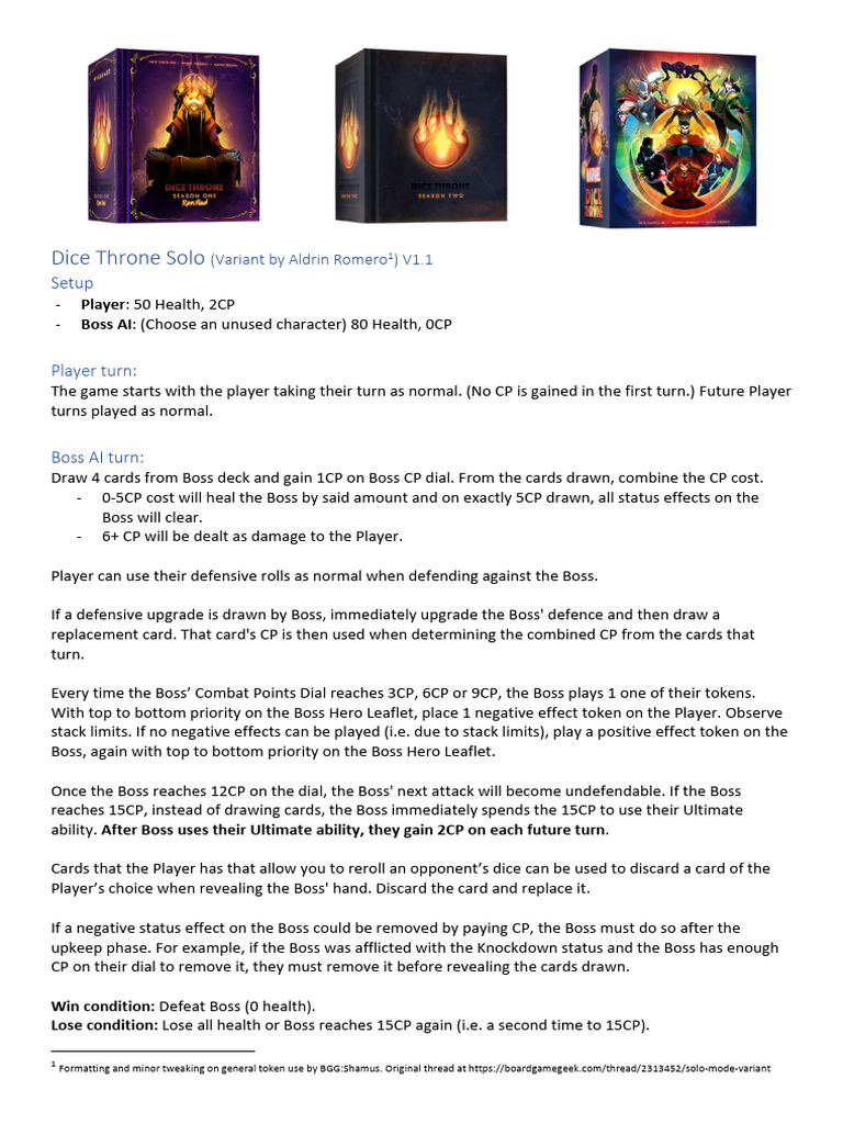 Dice Throne Solo Variant Rules | PDF