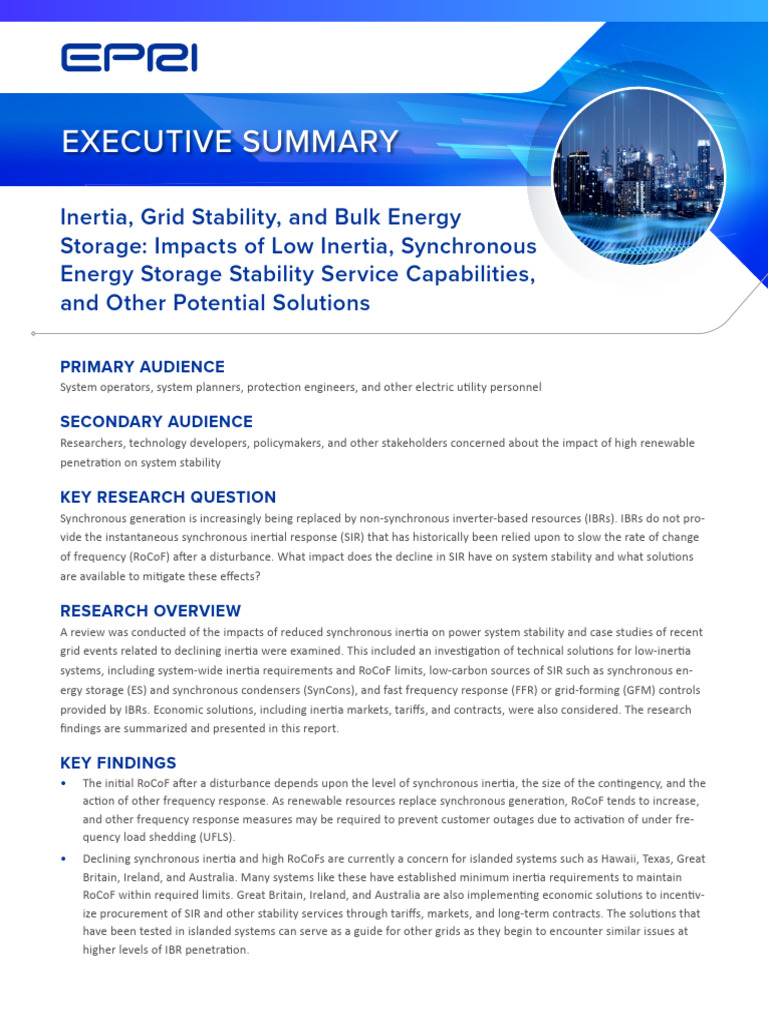 Executive Summary - Inertia, Grid Stability, and Bulk Energy Storage ...