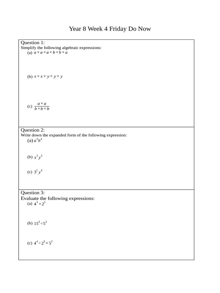 Year 8 Week 4 Friday Do NOW (8.05) | PDF