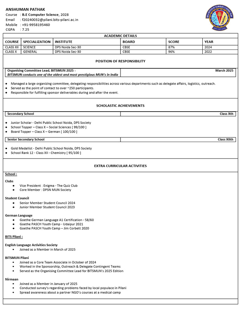 BITS Pilani Resume of Anshuman Pathak | PDF | Secondary Education