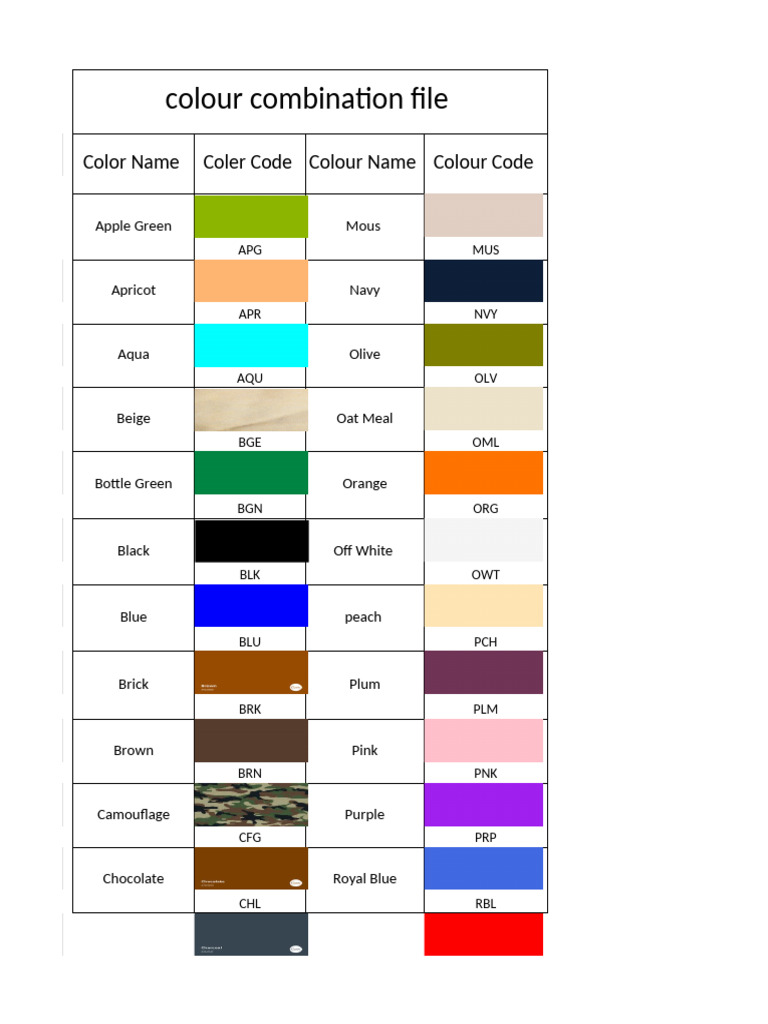 Color Combination Code Chart | PDF | Blue | Cyan