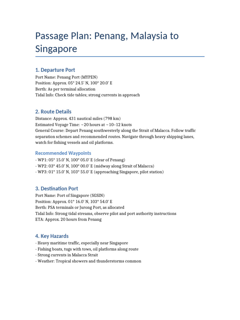 Passage Plan: Penang to Singapore | PDF | Port | Strait Of Malacca