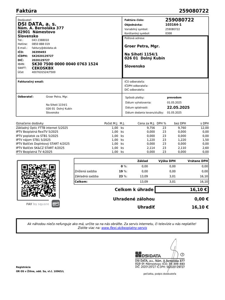 Faktúra 259080722: DSI DATA, A. S. 259080722 | PDF