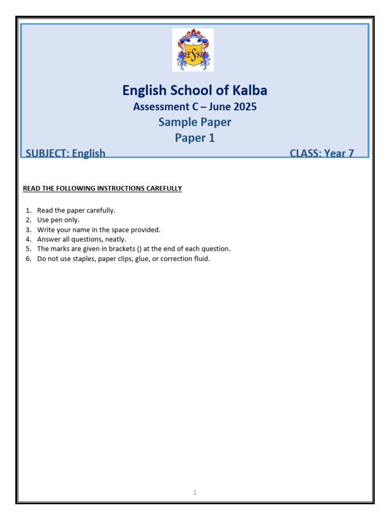 Sample Paper June 2025 Y7....... | PDF | Verb | Adjective