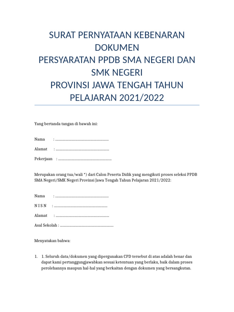 Surat Pernyataan Kebenaran Dokumen PPDB | PDF