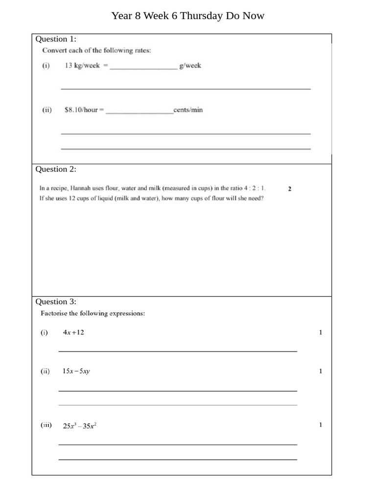 Year 8 Week 6 Thursday Do NOW | PDF