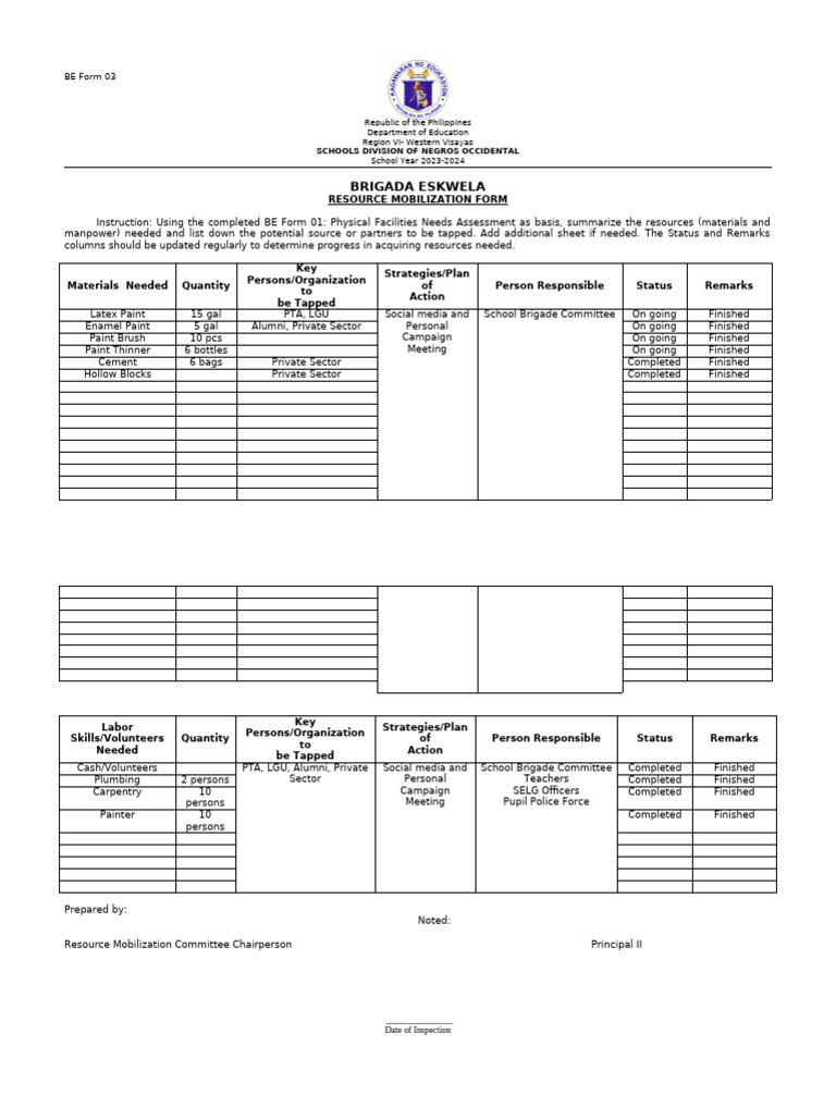 BE Form 3 RESOURCE MOBILIZATION FORM | PDF | Paintings