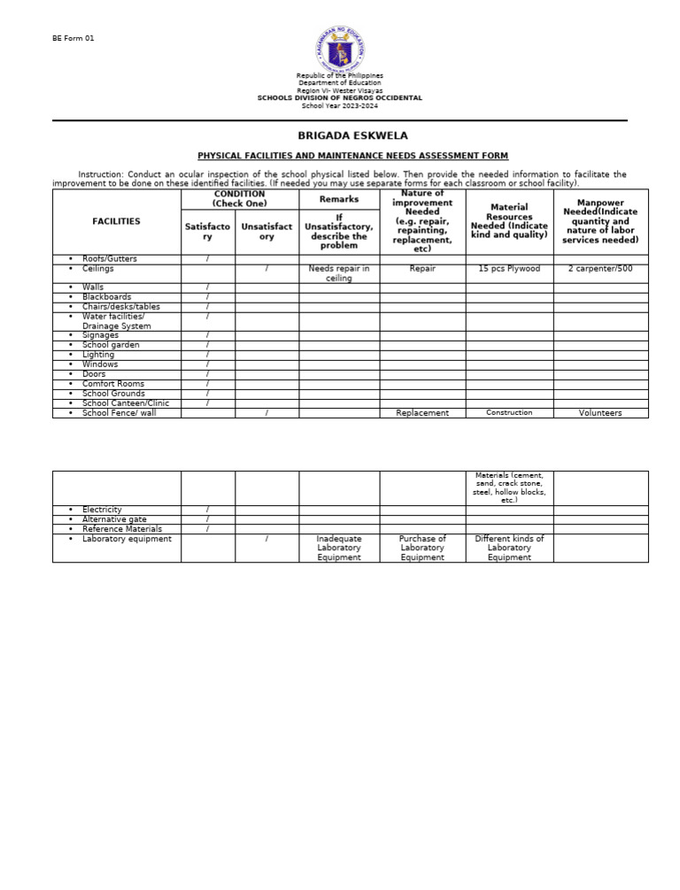 BE-Form-1-PHYSICAL-FACILITIES-AND-MAINTENANCE-NEEDS-ASSESSMENT-FORM | PDF | Building Engineering ...