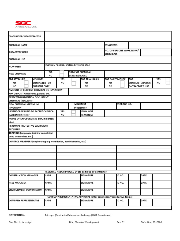 Chemical Use Approval Form | PDF | Occupational Safety And Health