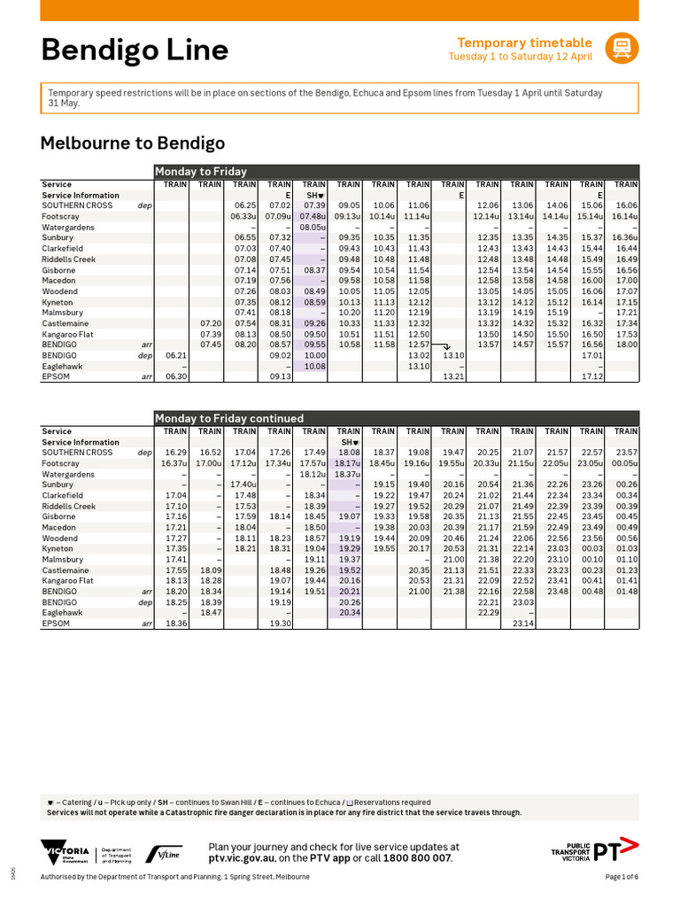 Bendigo Line Train Timetable April 2023 | PDF | Transport