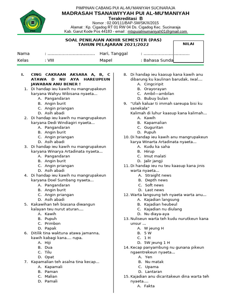 Soal Pas Bahasa Sunda Kelas 8 | PDF