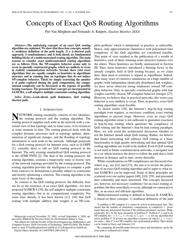 Concepts of Exact Qos Routing Algorithms: Piet Van Mieghem and Fernando ...