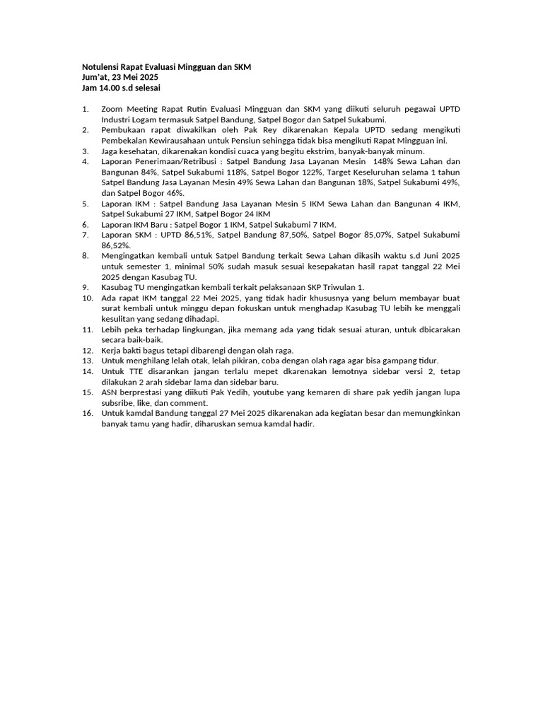23 Mei 2025 - Notulensi Rapat Evaluasi Mingguan Dan SKM | PDF