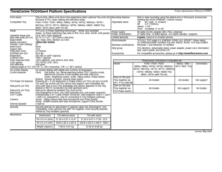 ThinkCentre TIO24Gen4 Spec | PDF | Display Technology | Manufactured Goods