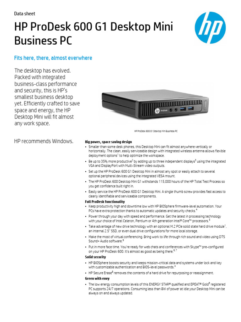 ProDesk 600 G1 Desktop Mini Datasheet | PDF | Usb | Desktop Computer