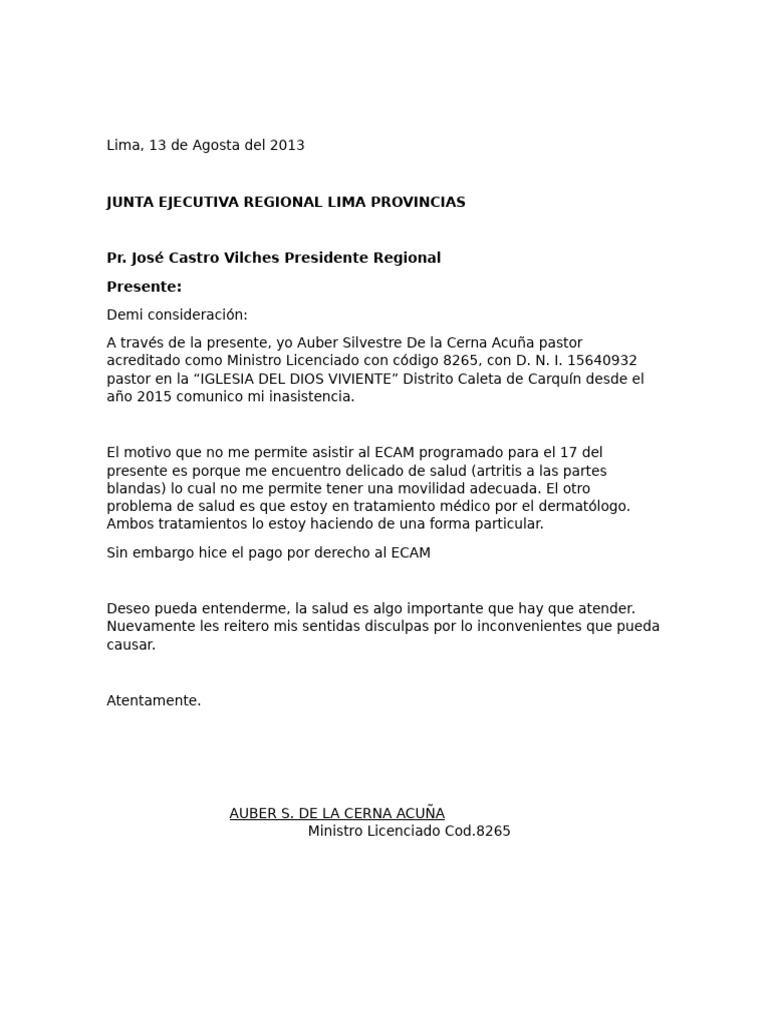 Carta de Excusa para Ecam | PDF