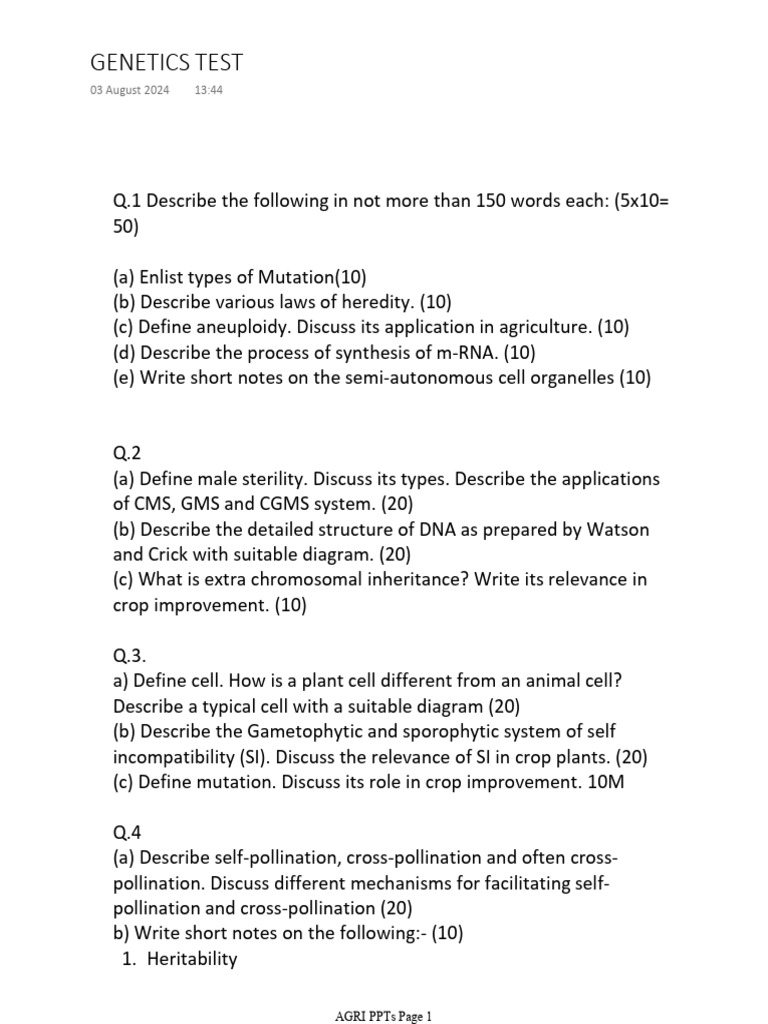 Genetics Test Question Paper | PDF | Heredity | Cell (Biology)