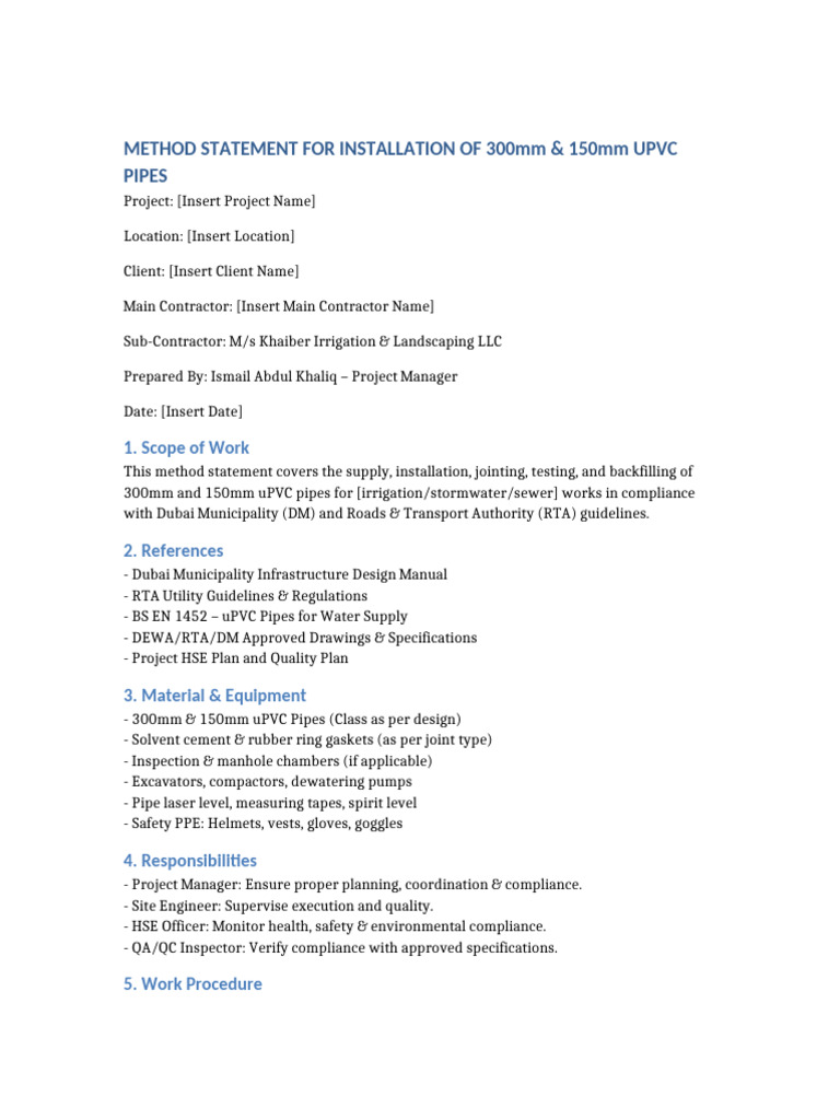 Method Statement UPVC Pipe Installation (1) | PDF | Pipe (Fluid ...